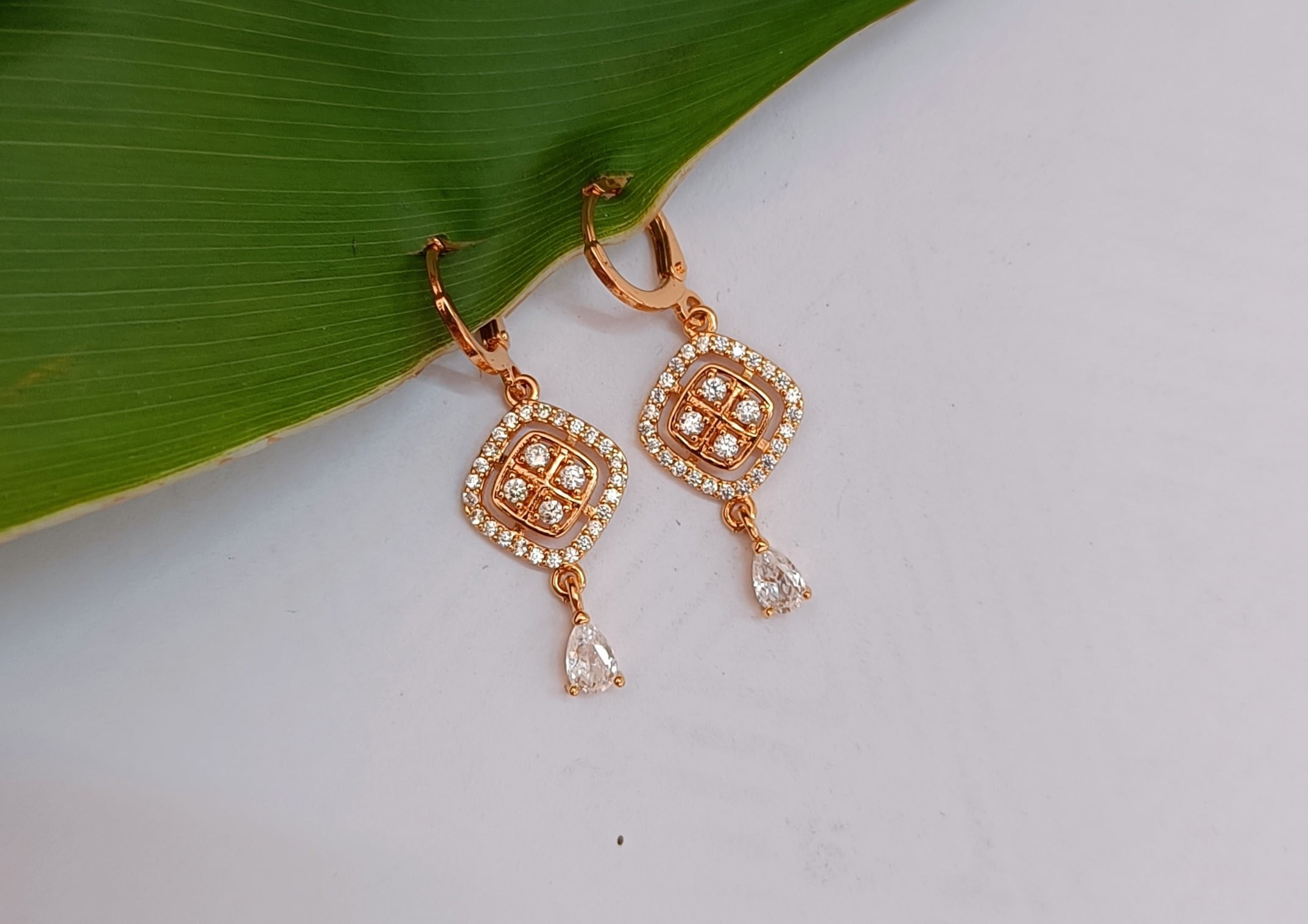 FHF Rose Gold Plated American Diamond Square Shaped Earrings